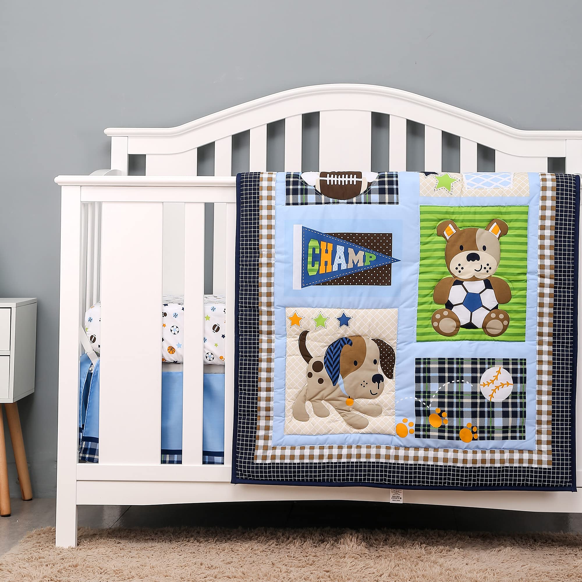 Brandream Sport Baby Crib Bedding Sets for Boys | Champ Star Dogs in Baseball Basketball Football and So On| 3-Piece Patchwork Nursery Set Blue - Baby Quilt, Fitted Crib Sheet, Crib Skirt Included