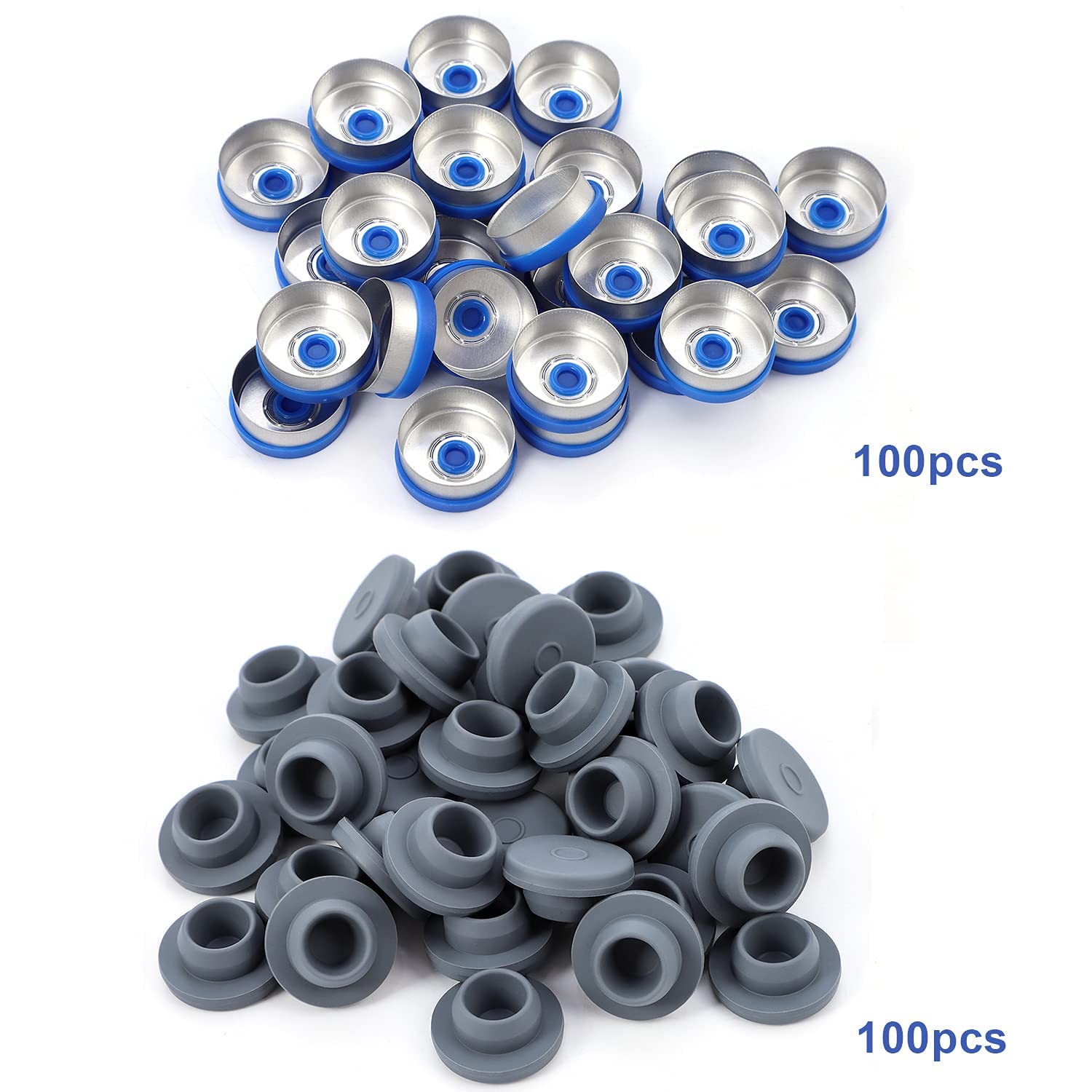 100 Pack 10ml Glass Vials, Clear Glass Headspace Vials with Plastic-Aluminum Flip Off Caps and Rubber Stoppers, 20mm Transparent Flat Bottom Lab Crimp Top Vial for Injection