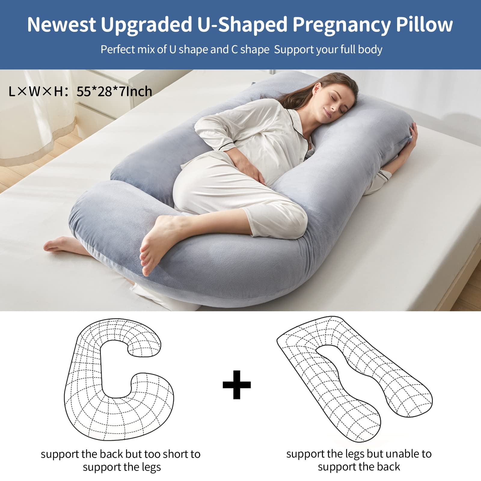 U Shaped Pregnancy Pillows for Sleeping, 57 Inch Maternity Pillow for Pregnant Women with Removable and Washable Velvet Cover, Full Pregnancy Body Pillow Support for Back, Hips, Legs, Belly