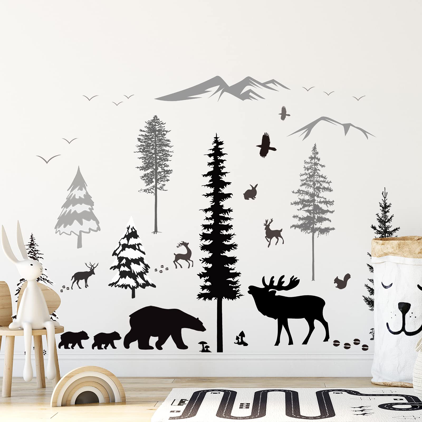 Woodland Nursery Decor Tree Wall Decals Mountain Forest Animal Bear Deer Wall Stickers Forest Wall Mural Sticker Removable Wall Decals for Kids' Room Bedroom Nursery Living Room