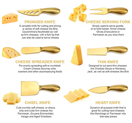 Premium 6-Piece Golden Cheese Knife Set, Stainless Steel Cheese Cutter Cheese Fork Slicer,Cheese Tool Collection, Cheese Spreaders for Christmas Gift
