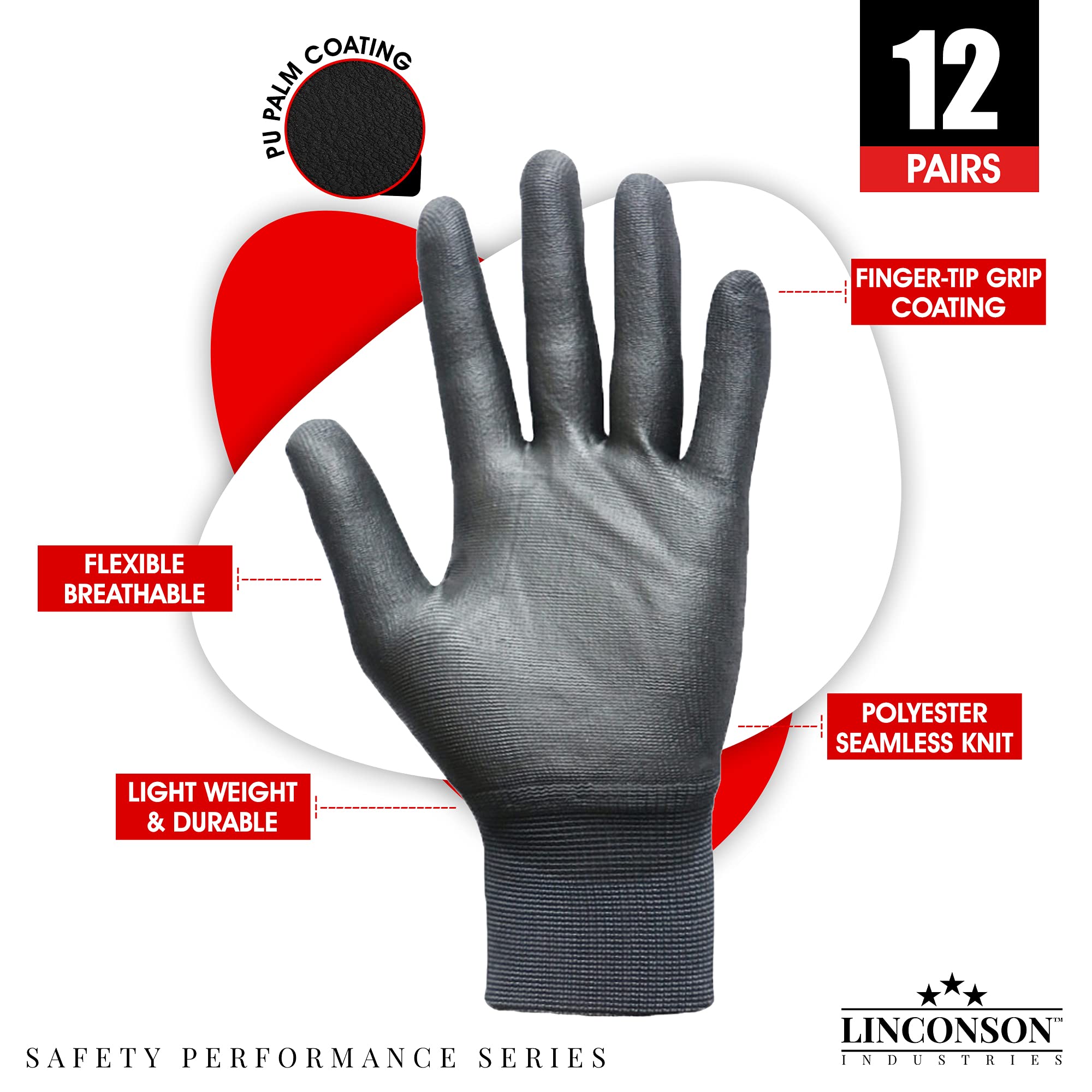 linconson Ultimate Grip Thin & Lightweight Construction Mechanic Work Gloves with PU Palm Coating