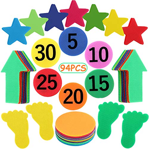 94 Pieces Carpet Markers with Styles of Star, Arrow, Circle, Footprint, Number, Colorful Floor Markers carpet Markers Carpet Circles Dots for Classroom, 8 Colors