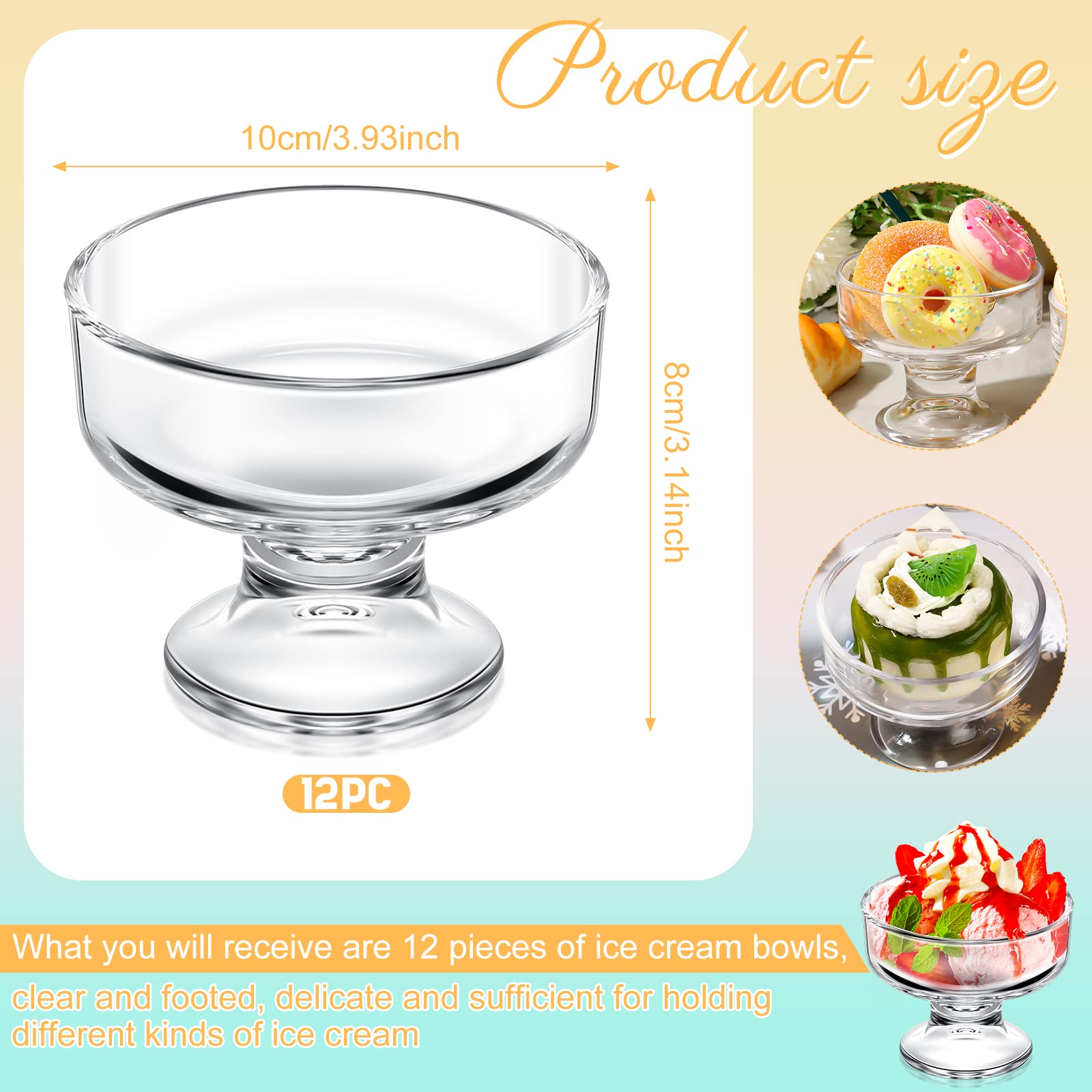 12 Pcs Glass Ice Cream Bowls Set 9 oz Mini Dessert Bowls Small Clear Ice Cream Cups Parfait Sundae Trifle Bowl Footed Glass Dessert Cups Serving Dishes for Nuts Fruit Pudding Snack Cereal Party Favors