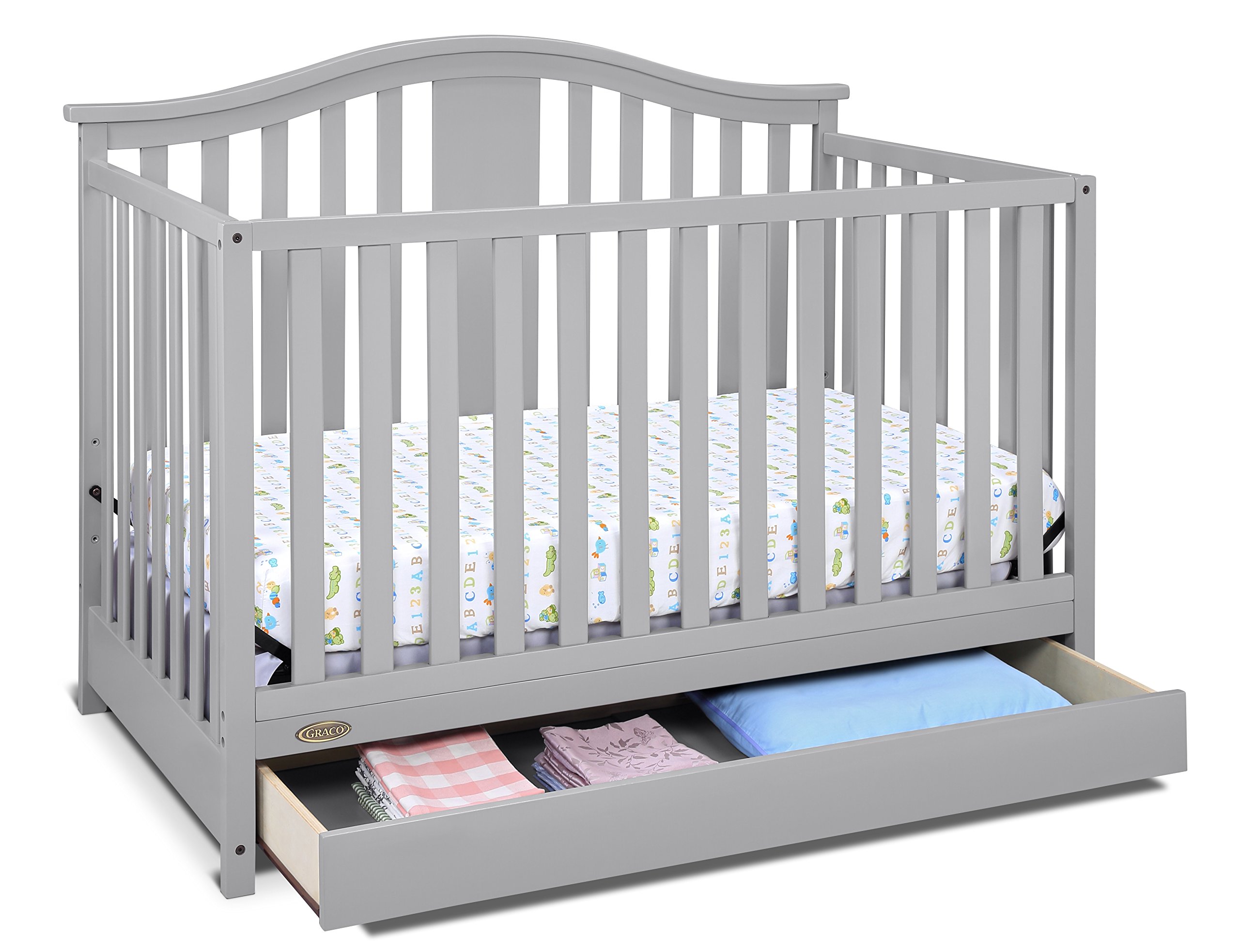 Graco Solano 4-in-1 Convertible Crib with Drawer (Pebble Gray) – GREENGUARD Gold Certified, Crib with Drawer Combo, Includes Full-Size Nursery Storage Drawer, Converts to Toddler Bed and Full-Size Bed