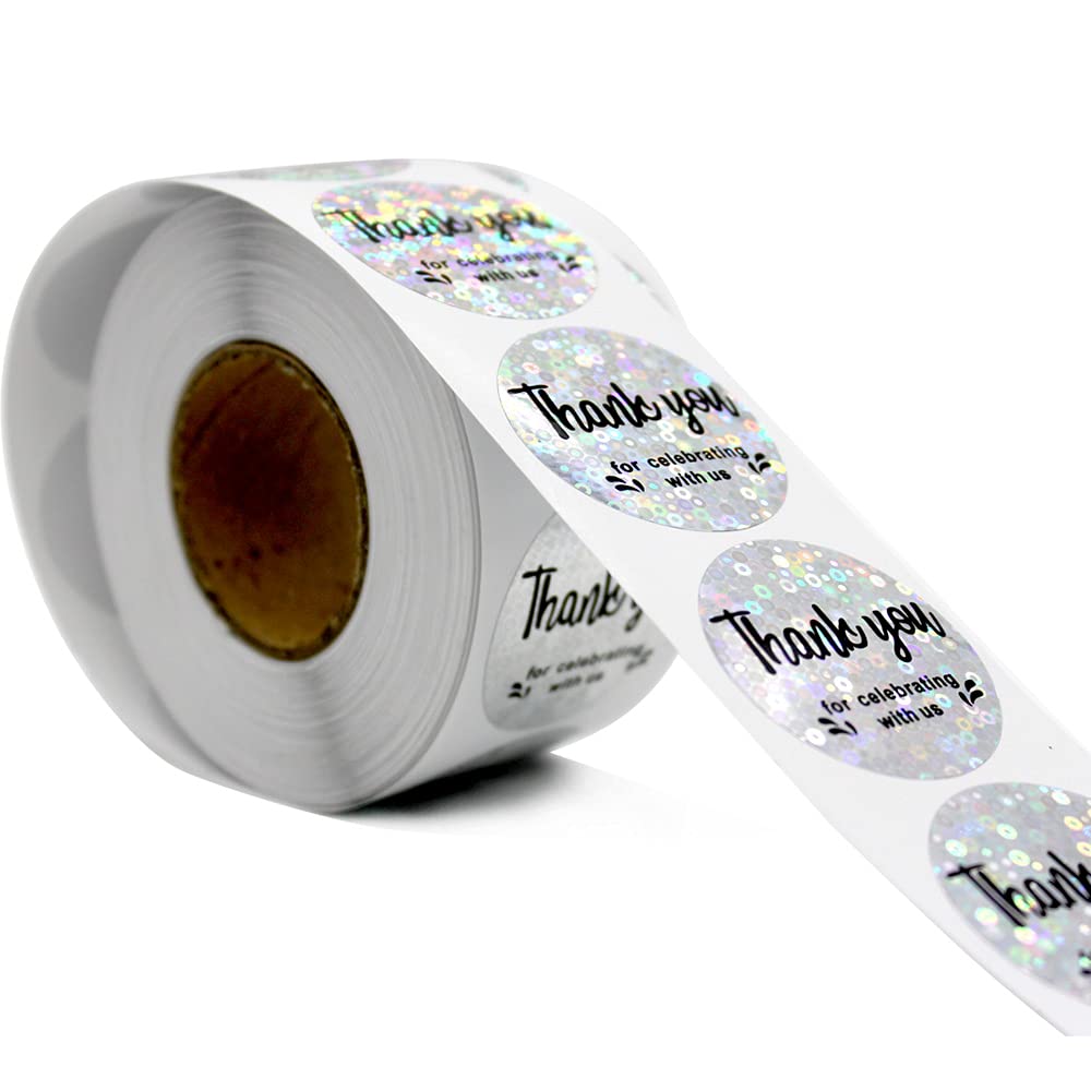 Bokinyoung Thank You for Celebrating with Us Sticker Roll 500 PCS Round Rainbow Silver Foil Seal Stickers 1.5 Inch Thank You Label