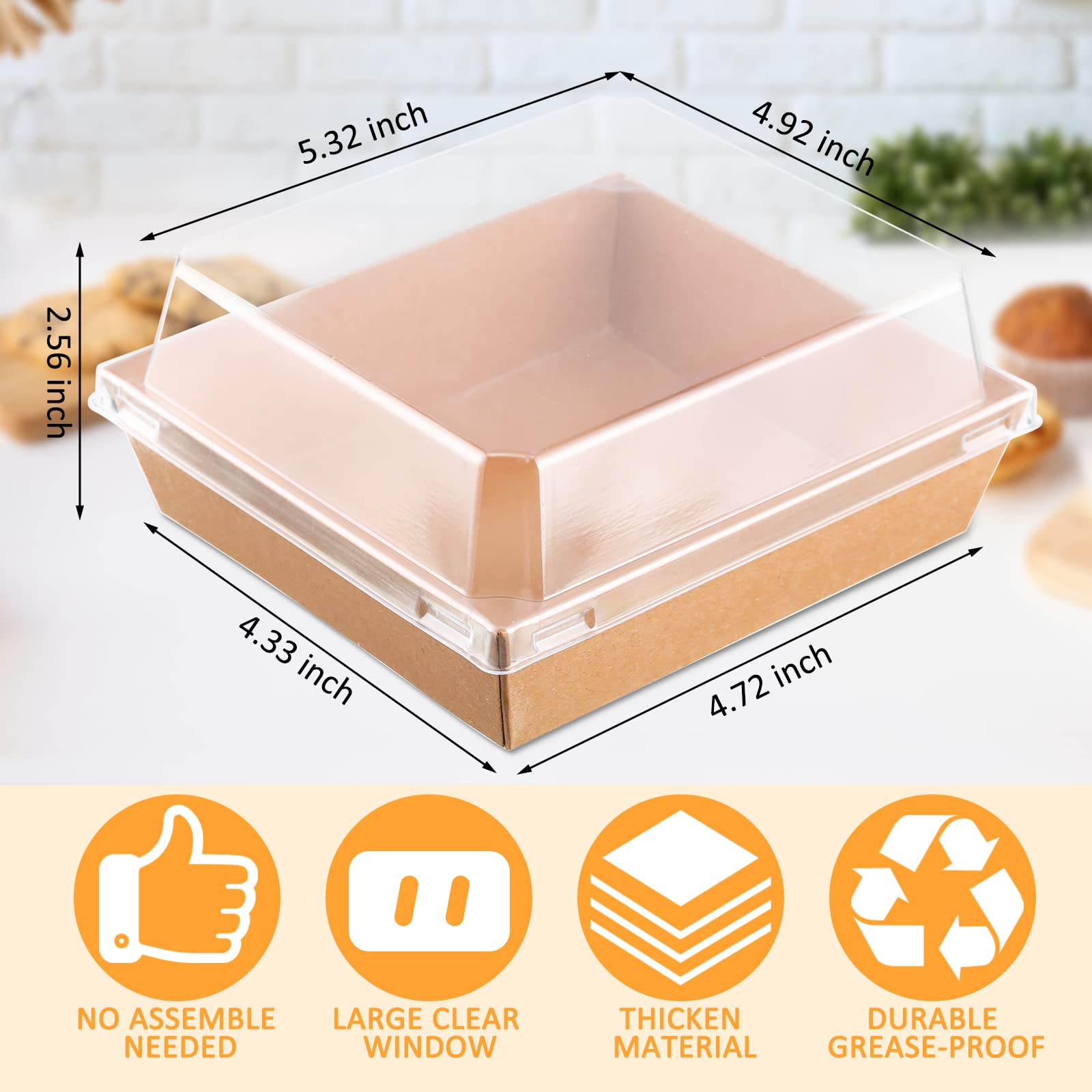 100 Pcs Disposable Food Containers with Clear Secure Lids 5.4 Inch Paper Charcuterie Box Square Cake Boxes Dessert Boxes Cake Slice Container for Sandwich, Cookies, Strawberries, Brown and White