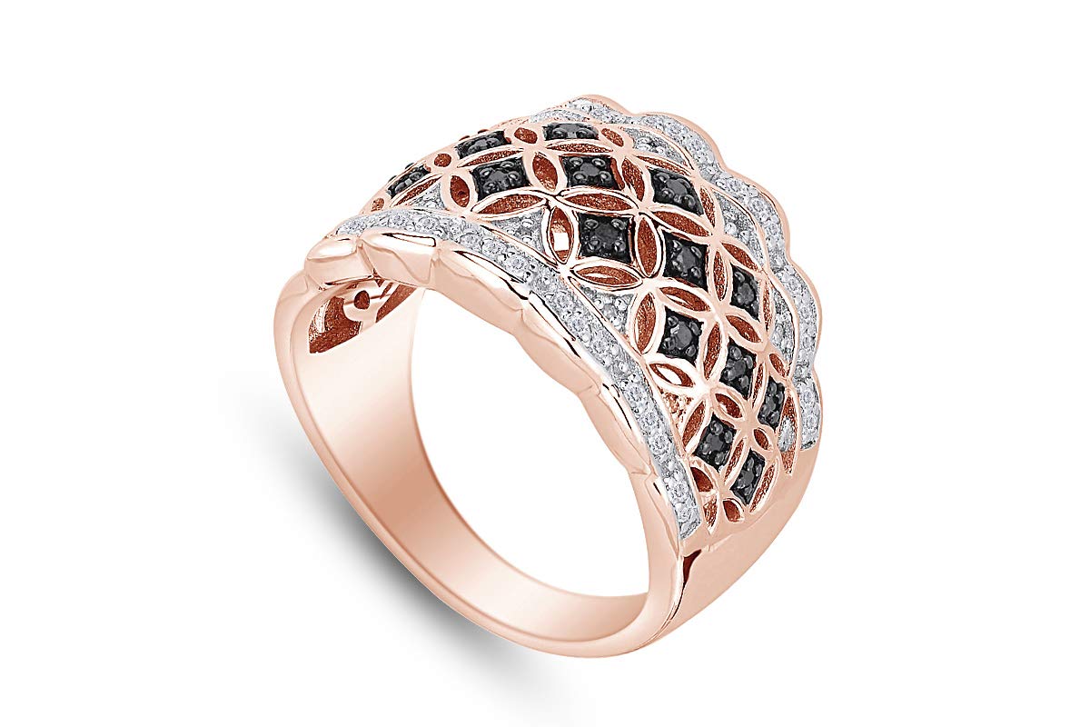 1/3 Carat Filigree Ring In Natural Black & White Diamond 14K Rose Gold Over Sterling Silver (0.33 Cttw, I2-I3 Clarity) Ring Size-10