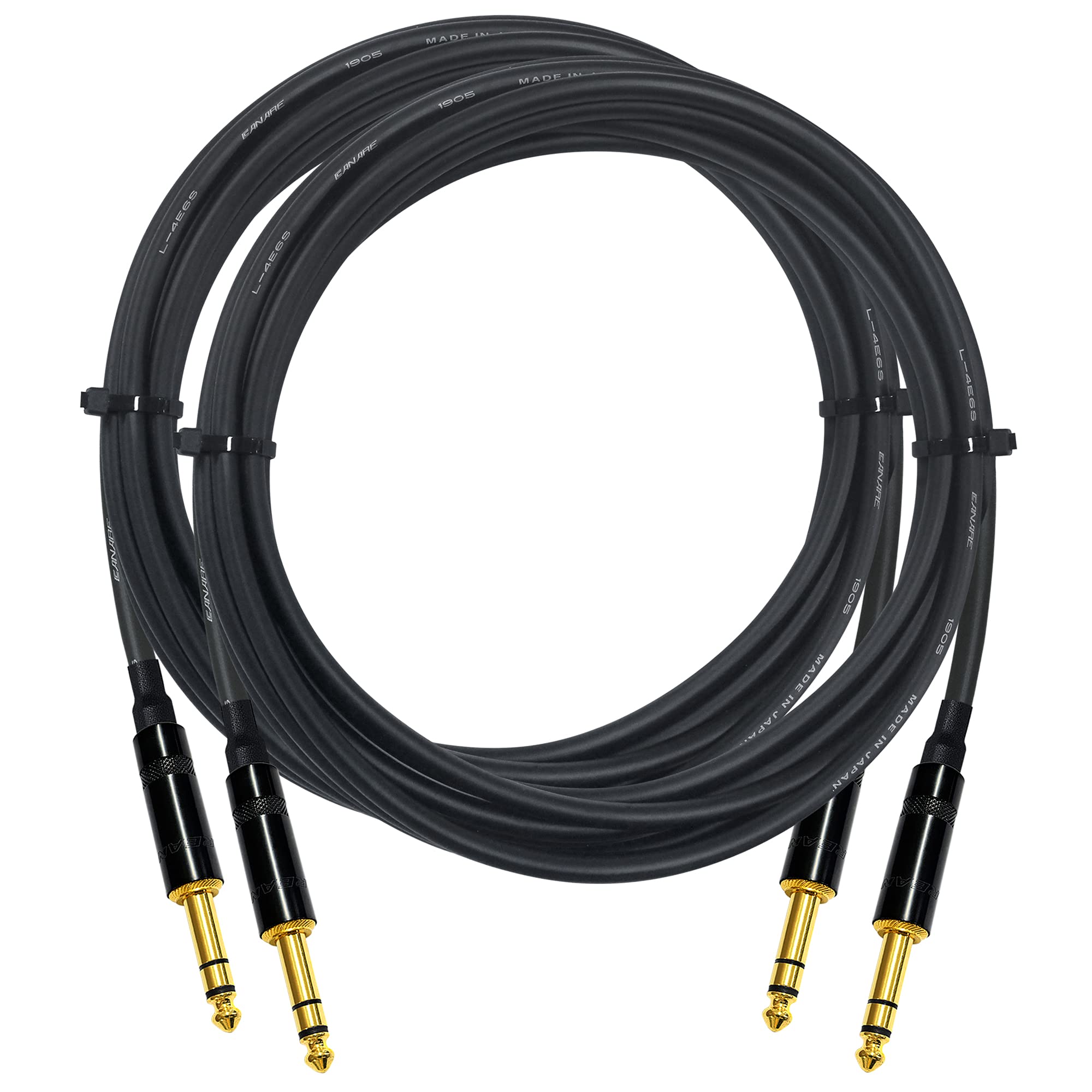 2 Units - 10 Foot - Canare L-4E6S Star Quad, Patch Cable terminated with Neutrik-Rean NYS ¼ Inch (6.35mm) Gold TRS Stereo Phone Plugs - CUSTOM MADE By WORLDS BEST CABLES.