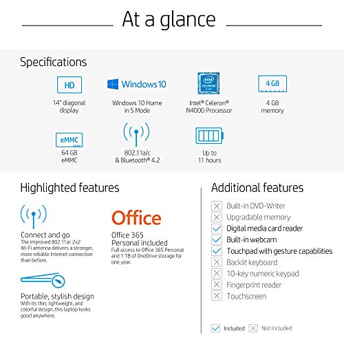 HP Stream 14" HD WLED-backlit Laptop, Intel Celeron N4000, 4GB DDR4, 64GB eMMC, WiFi, Bluetooth, Webcam, HDMI, Windows 10 S, Microsoft Office 365 and 1TB OneDrive Cloud Storage, 64GB ABYS MicroSD Card