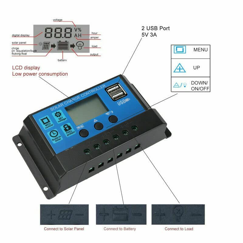100A Solar Charge Controller, Solar Panel Battery Intelligent Regulator with Dual USB Port 12V/24V, Multi-Function Adjustable LCD Display Street Light Controller (Blue)