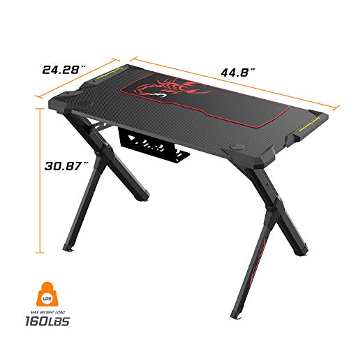 DESIGNA Gaming Desk with LED Lights, 44.8 inch Home Office Computer Desk with Free Mouse Pad, Ergonomic E-Sport Style Gamer Desk with USB Handle Rack, Cup Holder & Headphone Hook,Black
