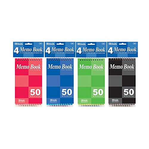 4 Pk, Bazic Top Bound Spiral Memo Books, 3-Inch-by-5-Inch, 50 Sheets (4 Per Pack, Total of 16)