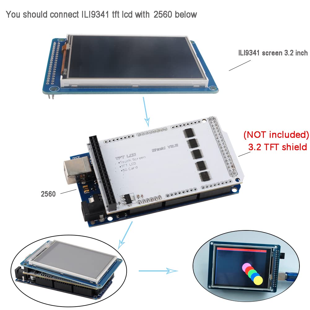 DIYmalls ILI9341 3.2 inch TFT LCD Display Screen Module 3.3V Resistive Touch Panel 320x240 w/SD Card Slot for Mega-2560 only