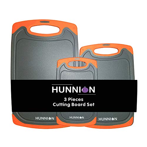 HUNNION Kitchen Cutting Board 3 Piece Set : Juice Grooves with Easy-Grip Handles, BPA-Free, Non-Porous, Dishwasher Safe, Multiple Size Plastic Cutting Boards (Orange)