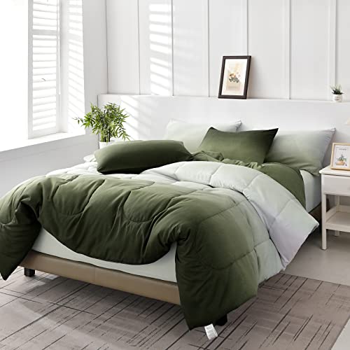7 Pieces Gradient Olive Green Comforter Set Queen - Lightweight Green Bed in a Bag Queen Size Set, All Season Down Alternative Complete Bedding Set with Flat/Fitted Sheet, Pillowcases and Pillow Shams