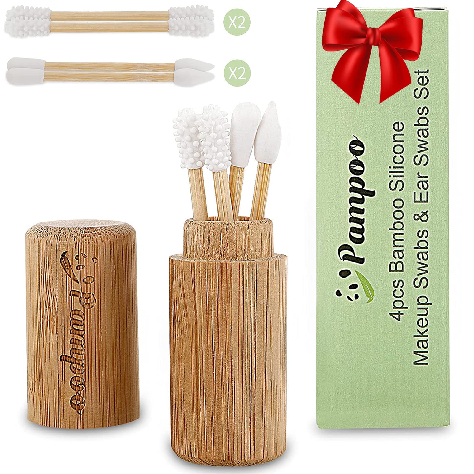 Pampoo 4PCS Plastic Free Reusable Qtips with Bamboo Carrying Case丨Reusable Cotton Swab Qtip Zero Waste Packaging丨Strengthen Thick Bamboo Stick丨Eco Friendly Bamboo Qtips Sustainable Set