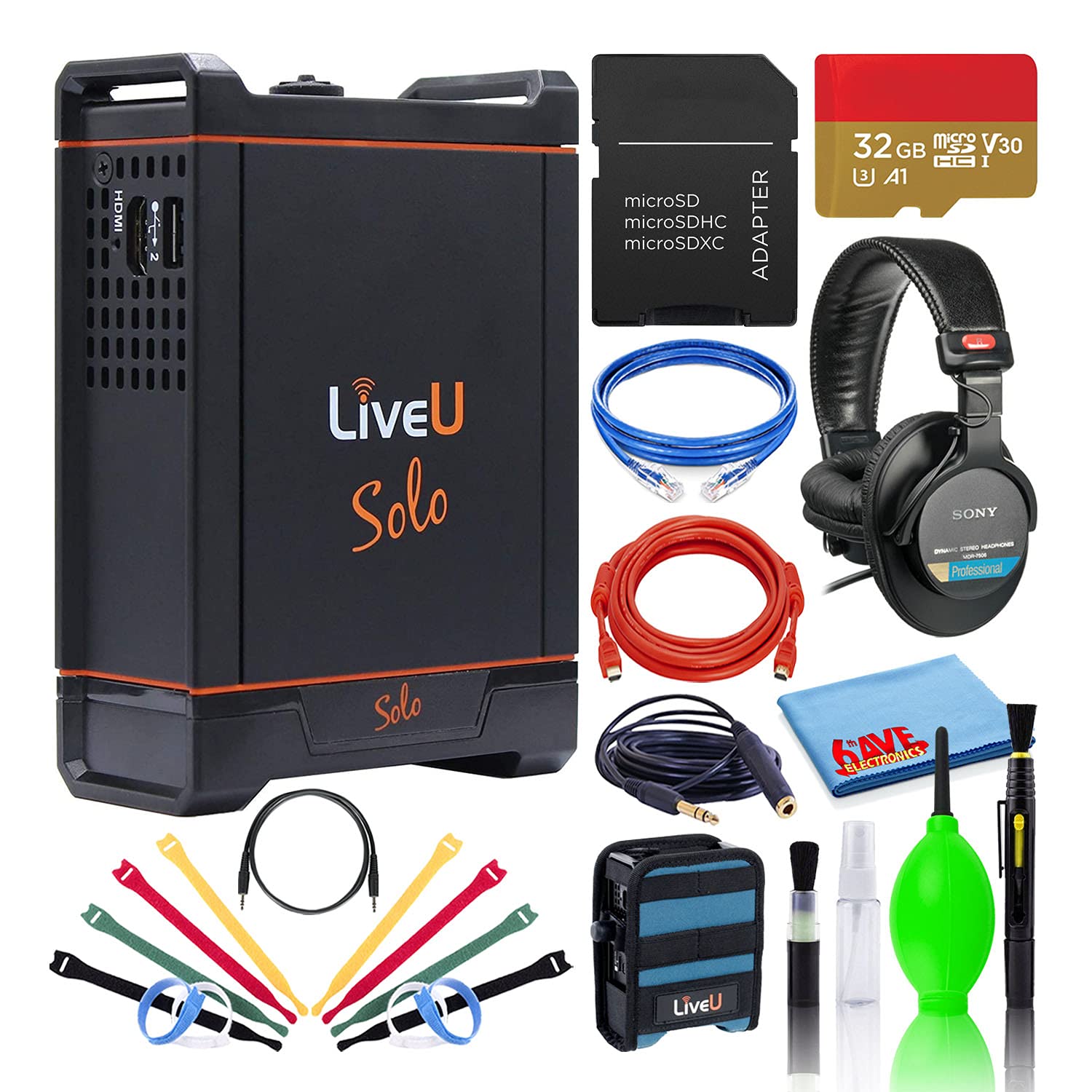LiveU Solo HDMI Wireless Live Video Streaming Encoder Bundle with MDR7506 Headphones + 32GB Extreme microSD Card + Ethernet Cable + HDMI Cable + Cable Ties + Deluxe Cleaning Kit + More