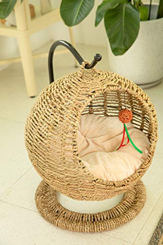 YoSpot Hand Made Wicker Cat Bed Basket Swinging Pet House Nest for Small Dog Cat with Cushion