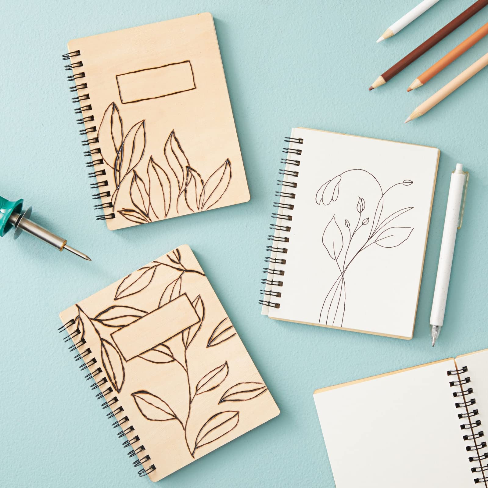 4 Pack Wooden Cover Notebook, Spiral Bound Unruled Plain DIY Craft Journal for Students, Sketches, Writing, Arts and Crafts, Note Taking, 20 Sheets Each (4.5 x 5.8 Inches)
