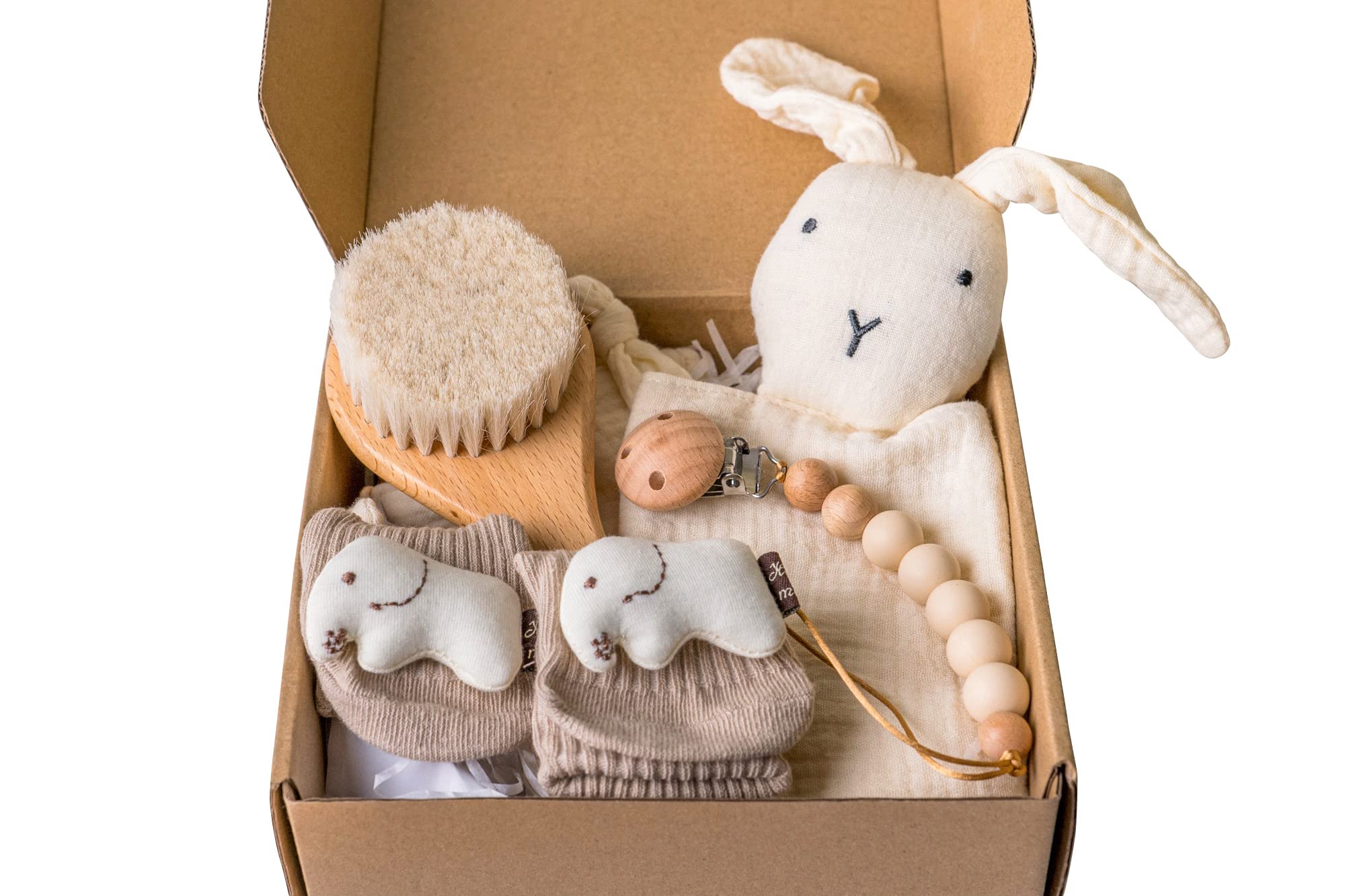 Baby Gift, Baby Baptism Gift, Newborn Baby Gift Set for Boy, Girl or Gender Neutral, Baby Shower with 4 PCS- Brush, Lovey Blanket, Baby Socks and Silicone Pacifier Clip