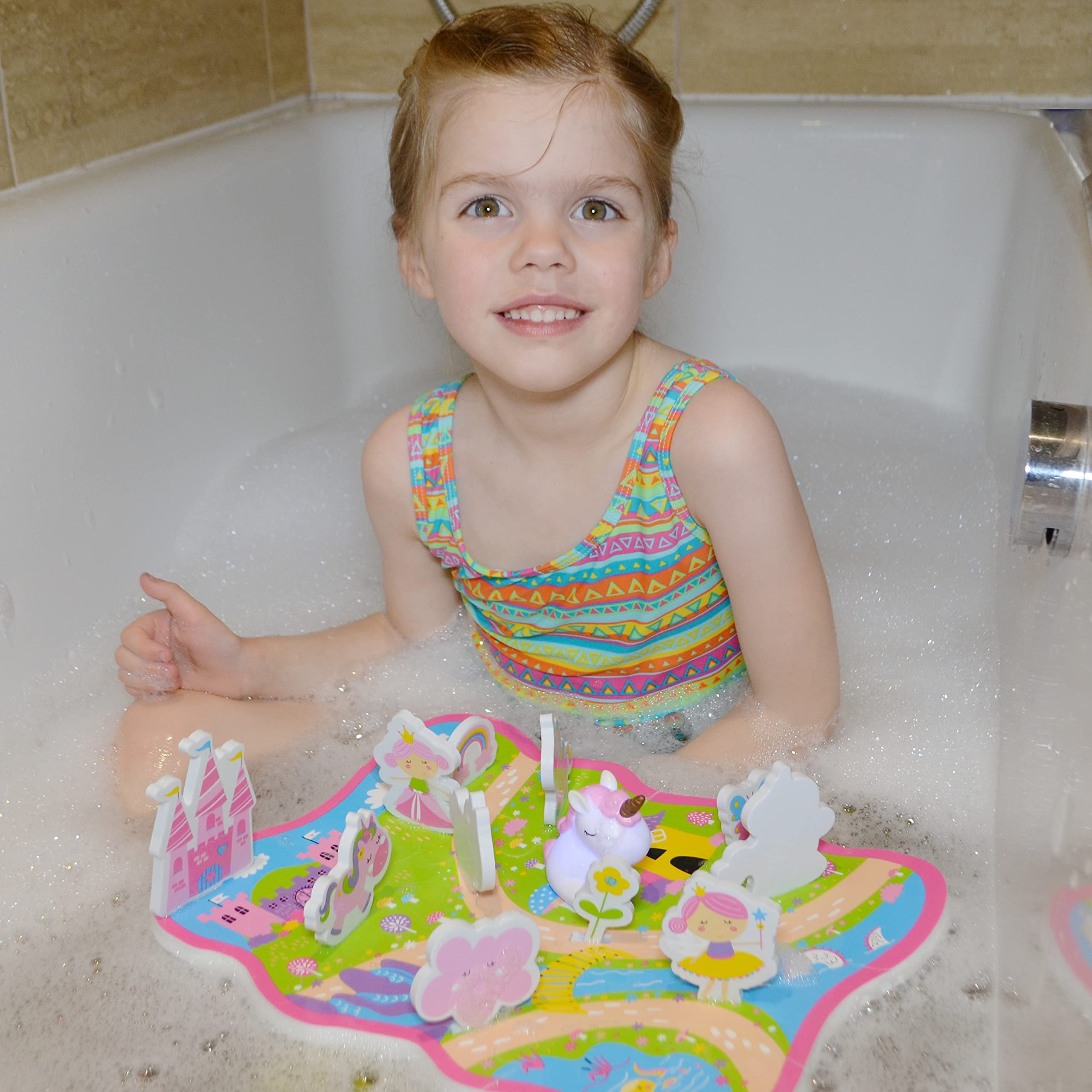 Buddy and Barney Bath Unicorn World Activity Set | Light up Floating Bath Toys for Toddlers | Set of 12 Floating Jigsaw Puzzle, 12 Foam Bath Stickers and Unicorn Water Squirter with Mesh Storage Bag