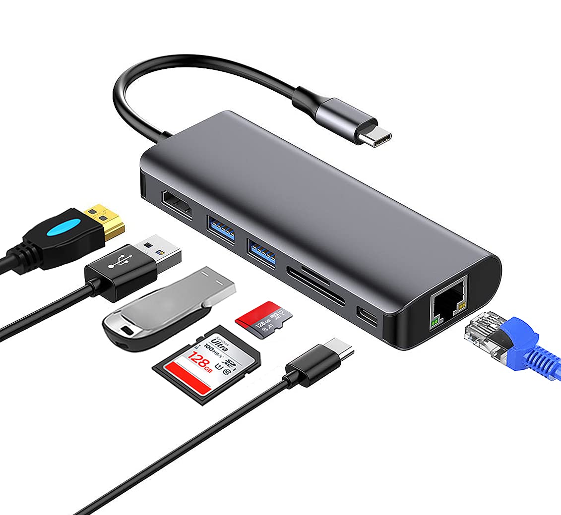 USB C Hub, Antiak 7 in 1 USB Type C Adapter Mulitiport Docking Station with 4K HDMI, 87W PD Charging Adapter, 2 USB 3.0, SD/TF Reader, RJ45 Port Compatible with USB-C Laptops and Mobile Phones