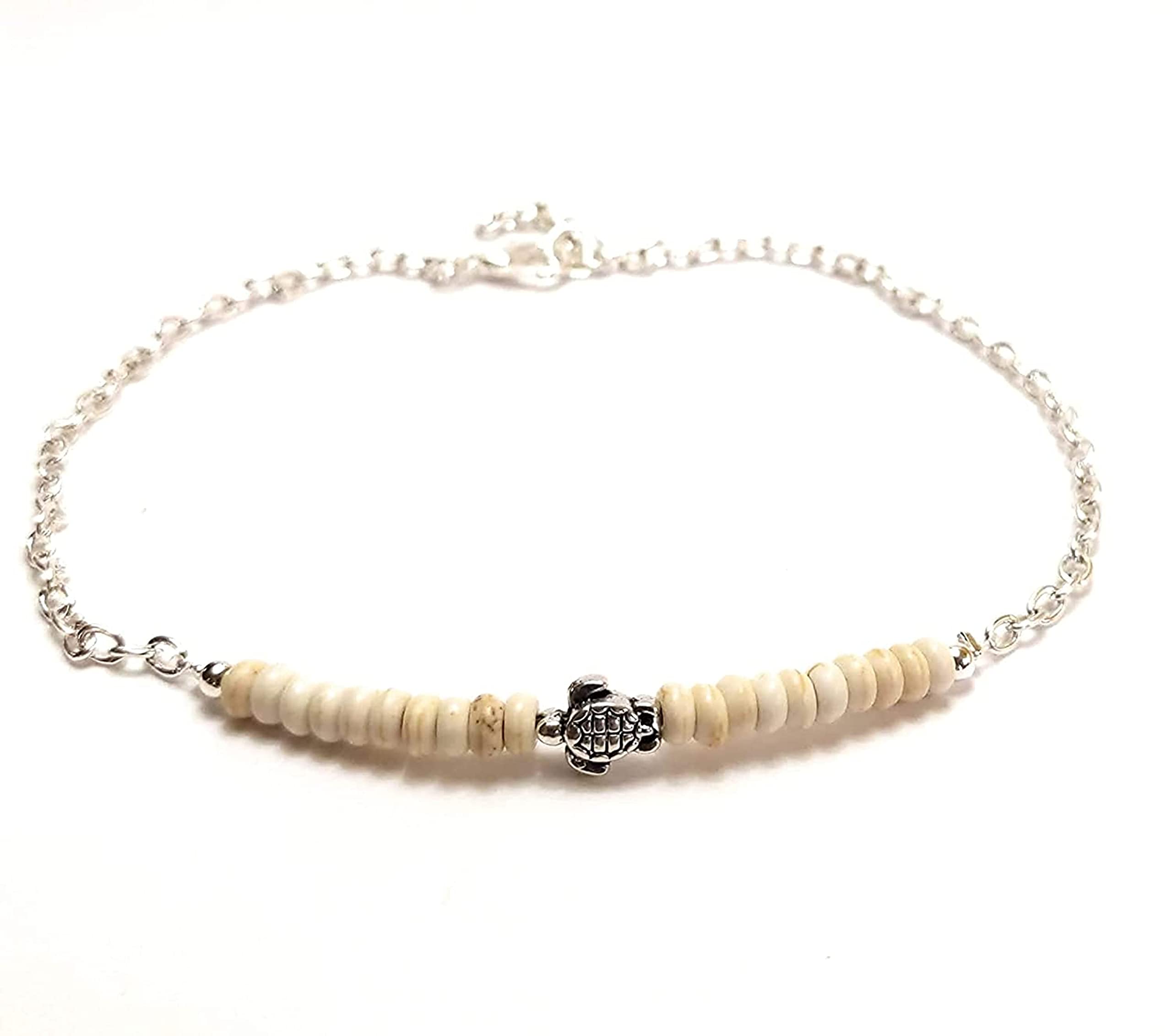 10 Inch Turtle Charm Ankle Bracelet With White Turquoise Beads Gift Boxed Anklet