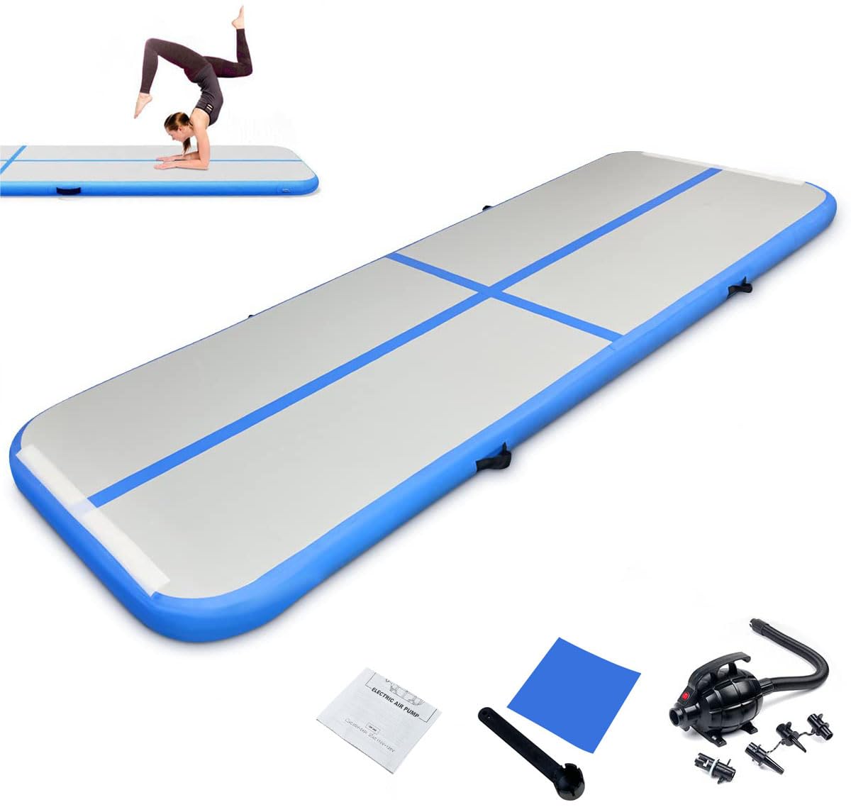 10ft Inflatable Gymnastics Tumbling Mat 4" Thick Air Tumble Track Gymnastics Training Mat with Electric Air Pump for Home Use/Tumble/Gym/Exercise/Training/Cheerleading/Yoga/Parkour/Beach/Park/Water