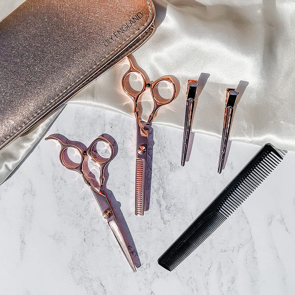 Hair Cutting Kit for Women - Barber Hair Cutting Scissors and Thinning Shears with Comb, Clips and Case by Lily England (Rose Gold)