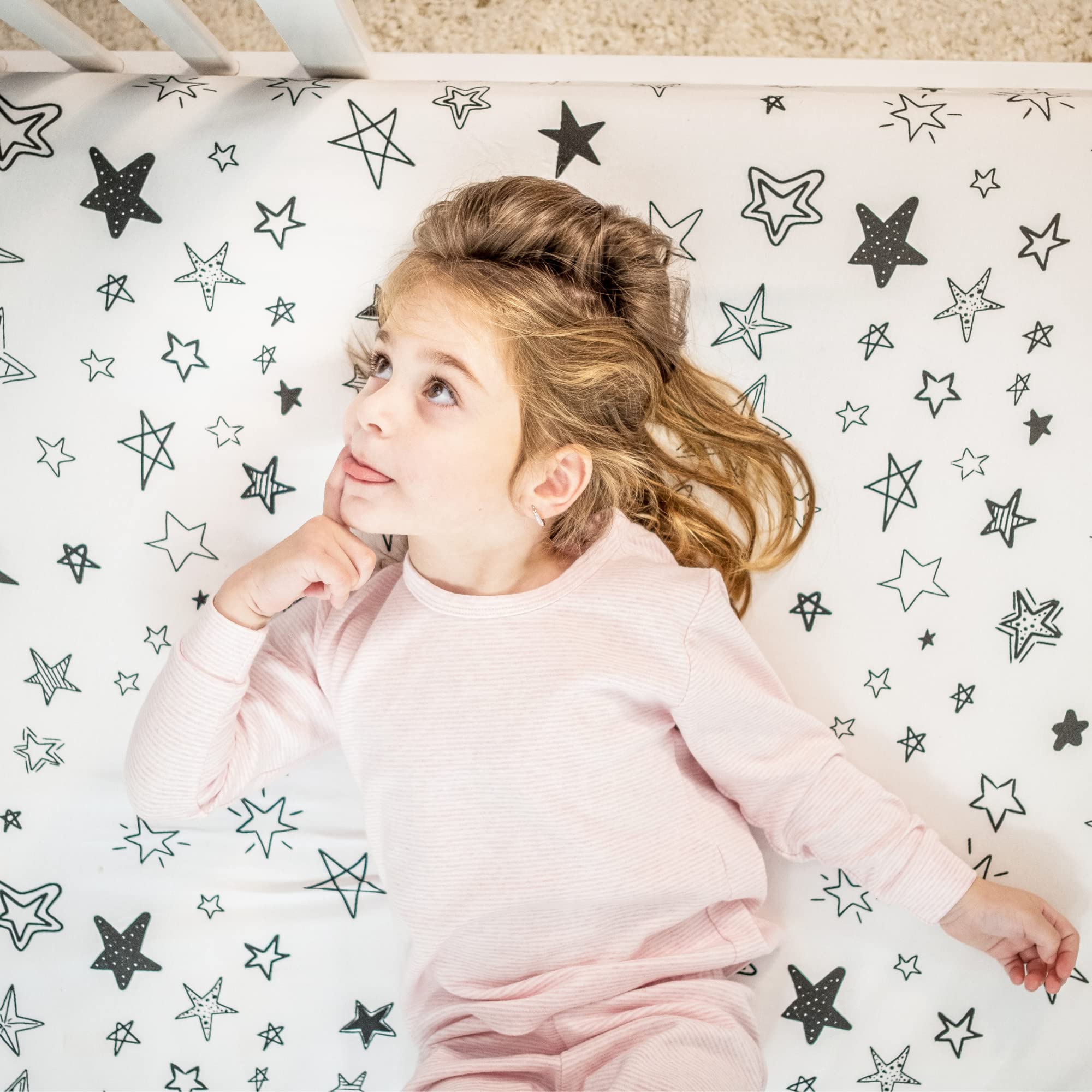 Norani Baby Crib Sheets | Fitted Mattress Cover for Toddler Bed with Full Elastic Trim & 8β Deep Pockets | Soft & Breathable Cotton | Infant & Nursery Bedding & Mattresses | Black and White Stars