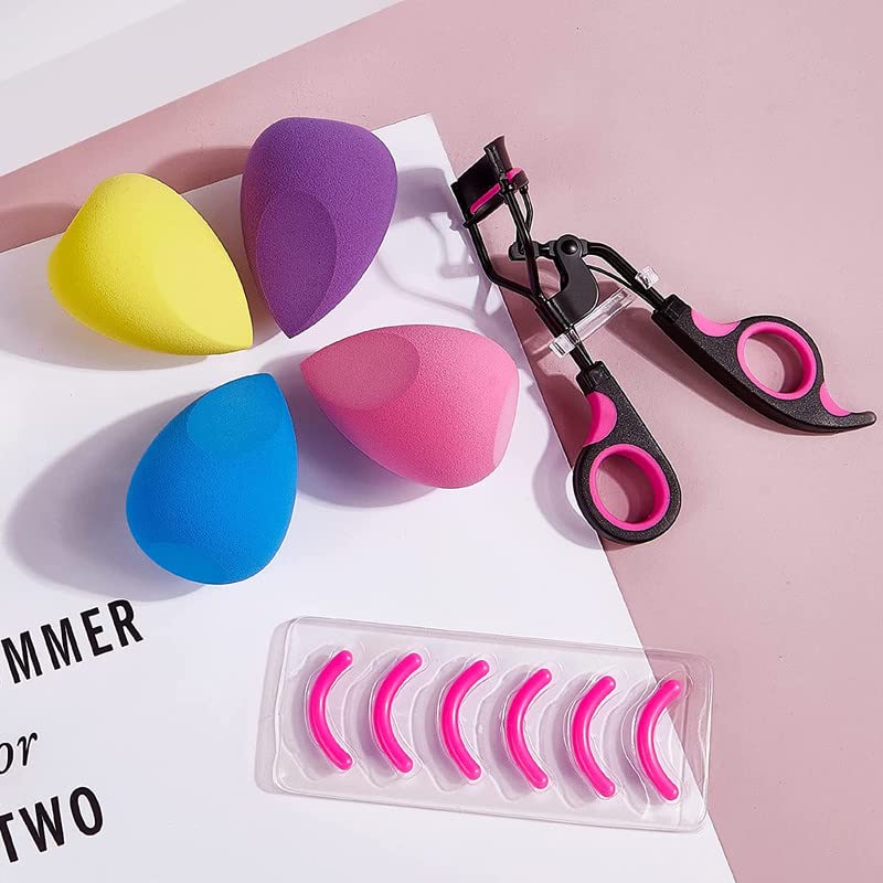 IYOCHO 1 pcs painless metal eyelash curler with 6 replaceable silicone pads, with 4 pcs makeup sponges beauty sponge blenders with 4 colors (1 eyelash curler+ 4 sponges+ 6 silicone pads)