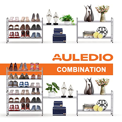 AULEDIO Shoe Rack, Stackable and Adjustable Multi-Function Wire Grid Shoe Organizer Storage, Extra Large Capacity, Space Saving, Fits Boots, High Heels, Slippers and More (3-Tier, Silver)
