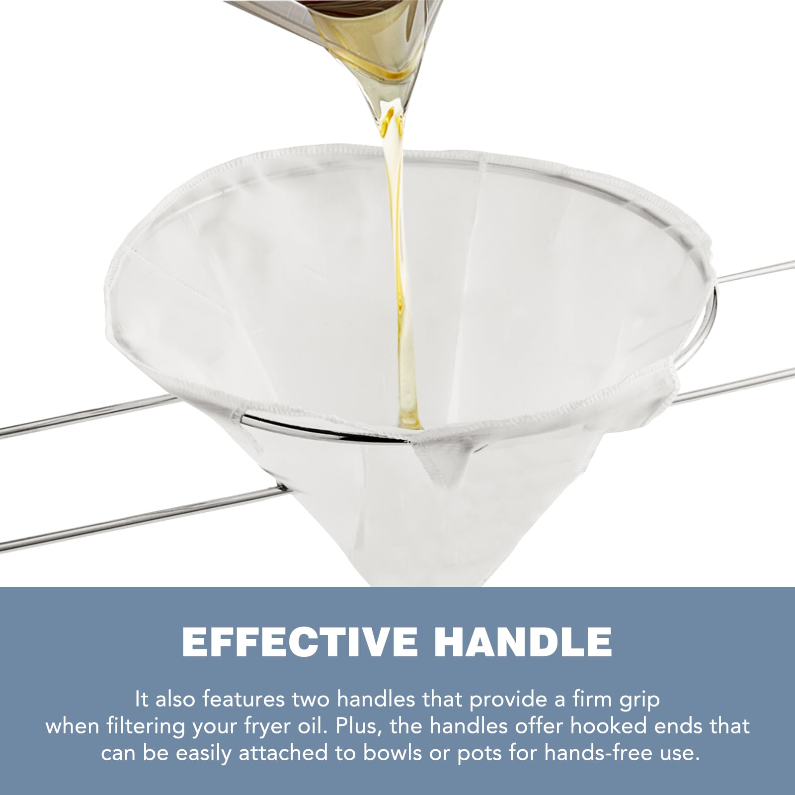 10β Reusable Cone Filter Bag for Frying Oil - with Folding Arms to Attach to Deep Fryers, Cooking Oil Filter Holder, Maple Syrup Cone Filter Stand - Durable Construction - Easy to Clean