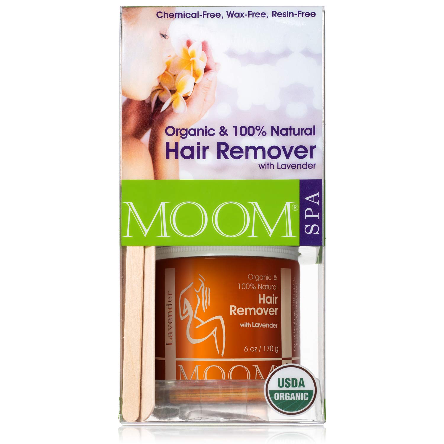 MOOM Organic Sugar Waxing Kit with Lavender & Chamomile - Natural Sugar Hair Removal Glaze with 18 Hair Wax Strips & 4 Applicator Sticks for Face & Body 6 oz.1 Pack