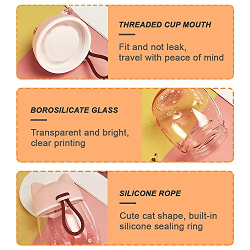 10 OZ Glass Water Bottle with Cat Ears Lid, Silicone Rope Cute Water Bottle, Leakproof Glass Drinking Bottle, Easy to Carry, Reusable (Pink)