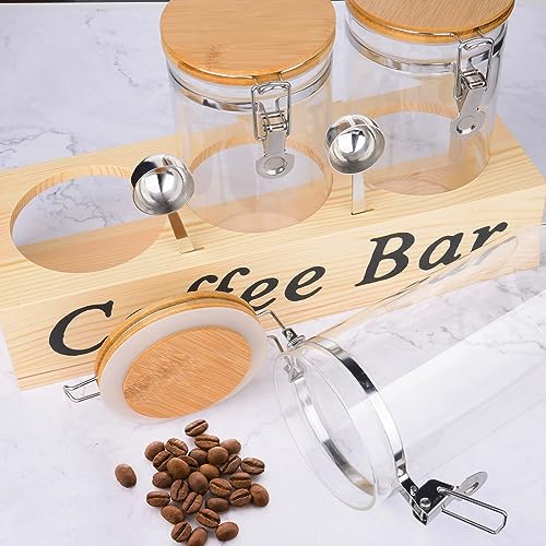 3 PCS Coffee Container for Ground Coffee with Scoop Wood Station, Glass Coffee Bean Canister Organizer with Airtight Lids, Coffee Storage Canister Jar for Sugar Tea