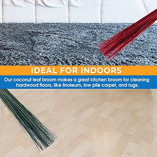 SN SKENNOVA - 1 Piece of 27-28-inch Colorful Asian Coconut leaf Broom Multi-Surface Sturdy Authentic Thai Natrual Broom (Green)
