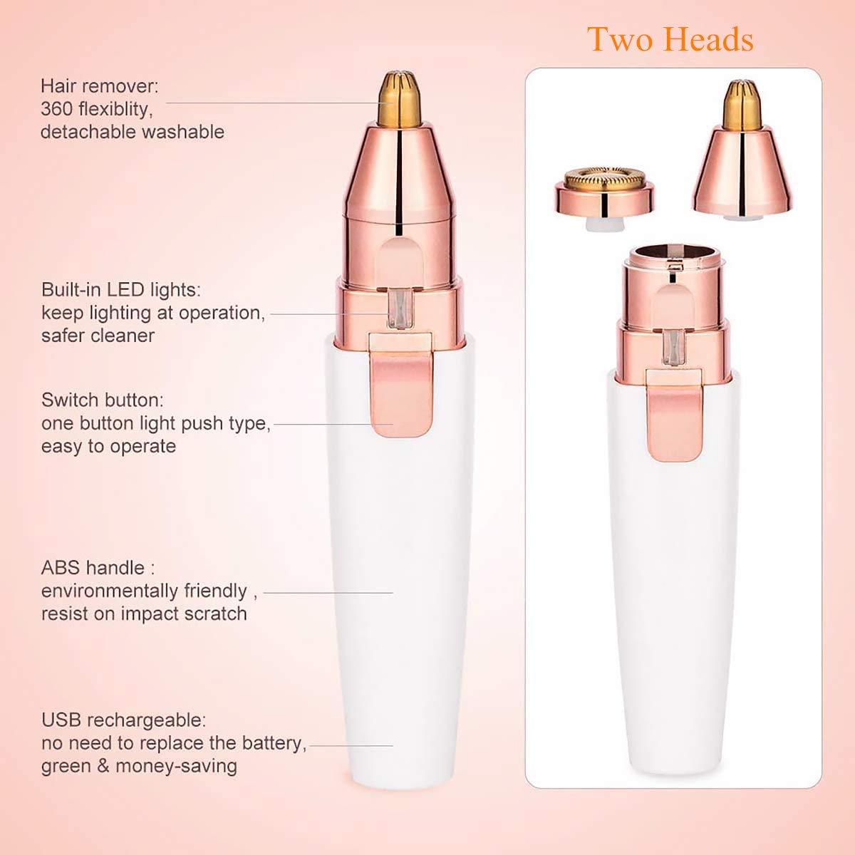 Juszczak Women's Rechargeable Eyebrow Trimmer, 2-in-1 Painless Hair Remover and Razor, with LED Light, Portable and Convenient