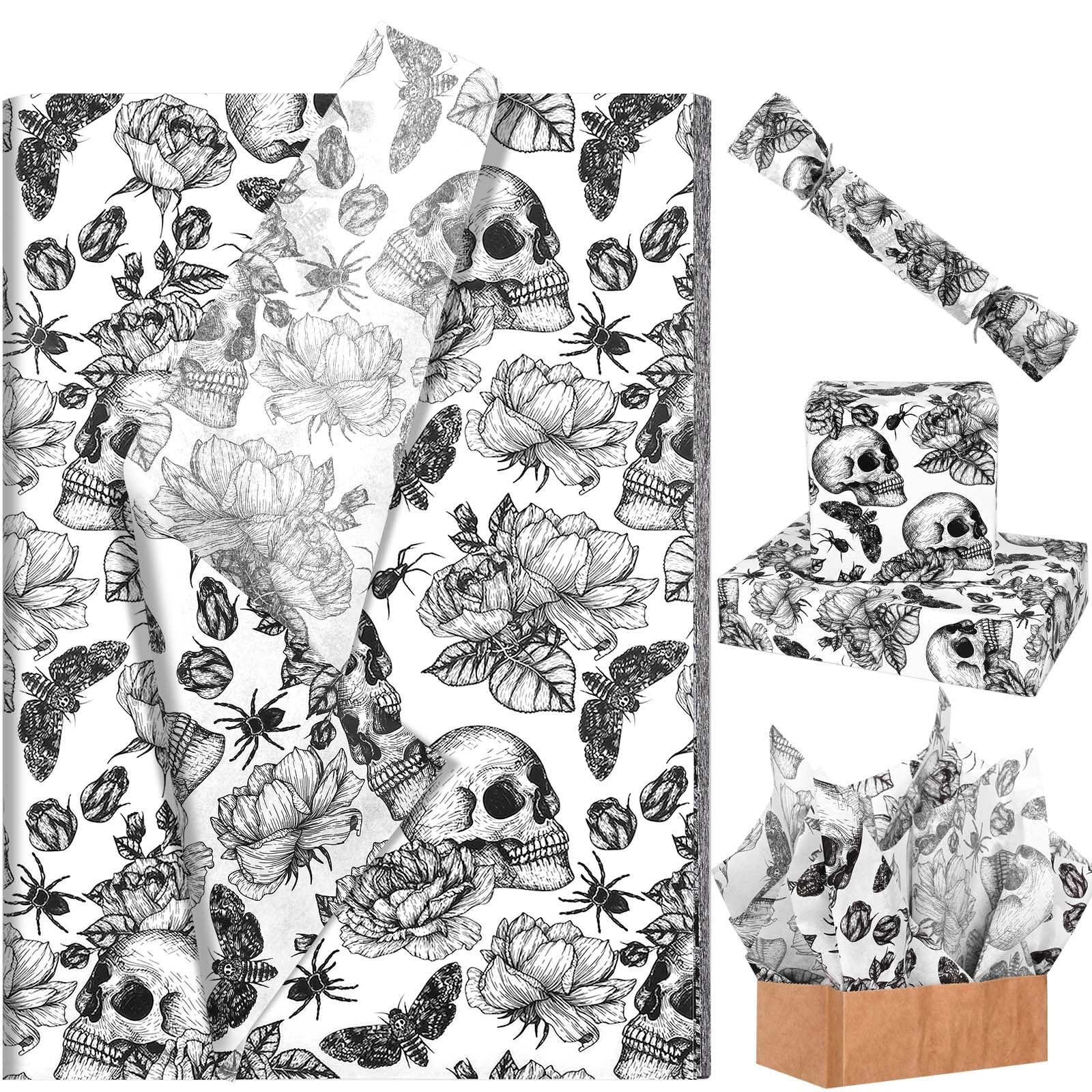 100 Sheets Vintage Halloween Tissue Paper for Gift Wrapping Skull Rose Butterfly Spider Printed Tissue Paper for Gift Bags for Halloween Party DIY Craft, 20 × 14 Inches