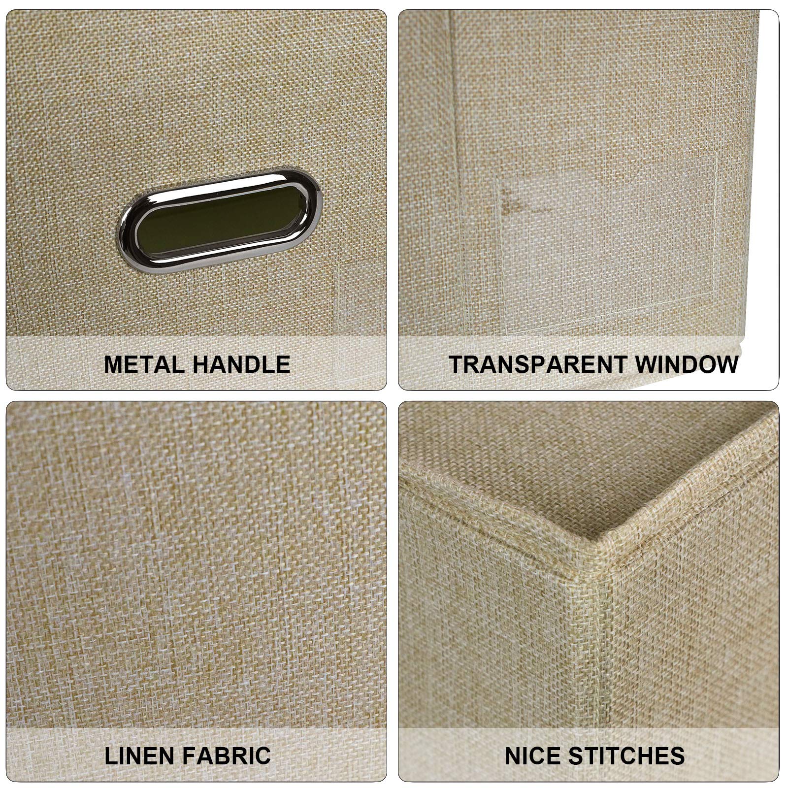 Foldable Storage Boxes with Lids Linen Fabric Collapsible Clothing Bin Organizer Baskets Containers with Carry Handles Transparent Slot Design for Home Bedroom Office Kids Room (Khaki, 3 Pack)