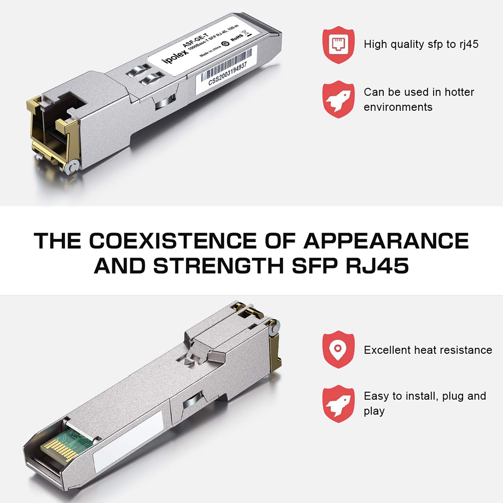 ipolex Gigabit SFP to RJ45 Copper SFP Transceiver, 1000Base-T Mini GBIC, 1.25G SFP to Ethernet Module, for Cisco GLC-T/SFP-GE-T, Meraki MA-SFP-1GB-TX, TP-Link TL-SM331 Tand More, 2 Pack