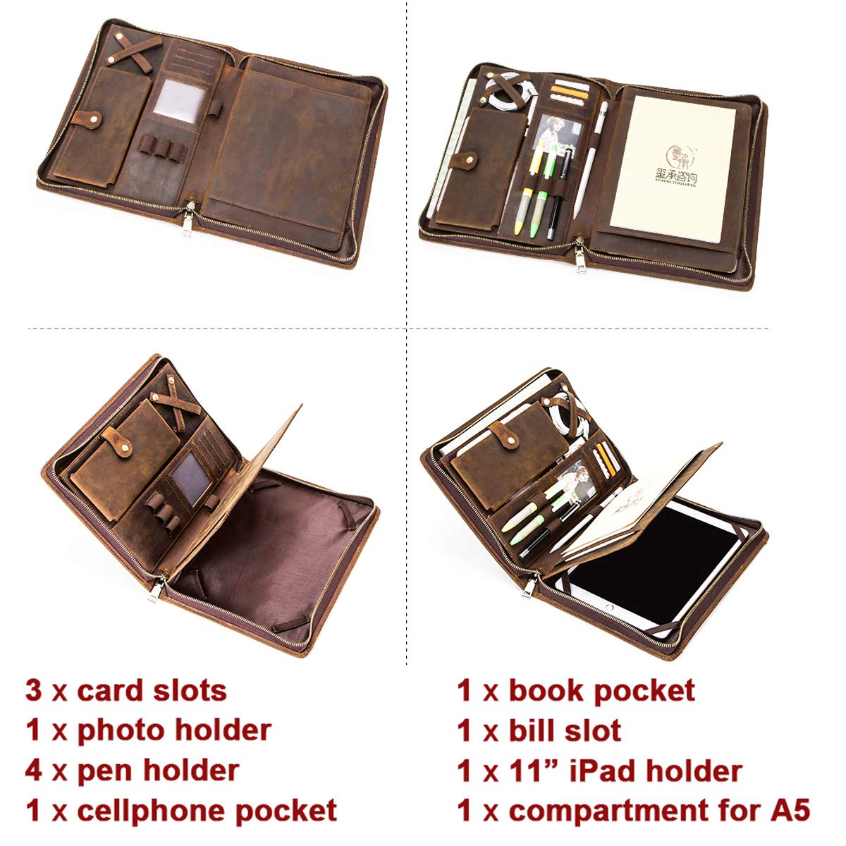 Leather Case for ipad Pro 11" Genuine Leather Multifunctional Smart Folio with Pencil Holder Zipper Pocket for iPad 11 /iPad 10.5/10.2 inch ipad/iPad 9.7