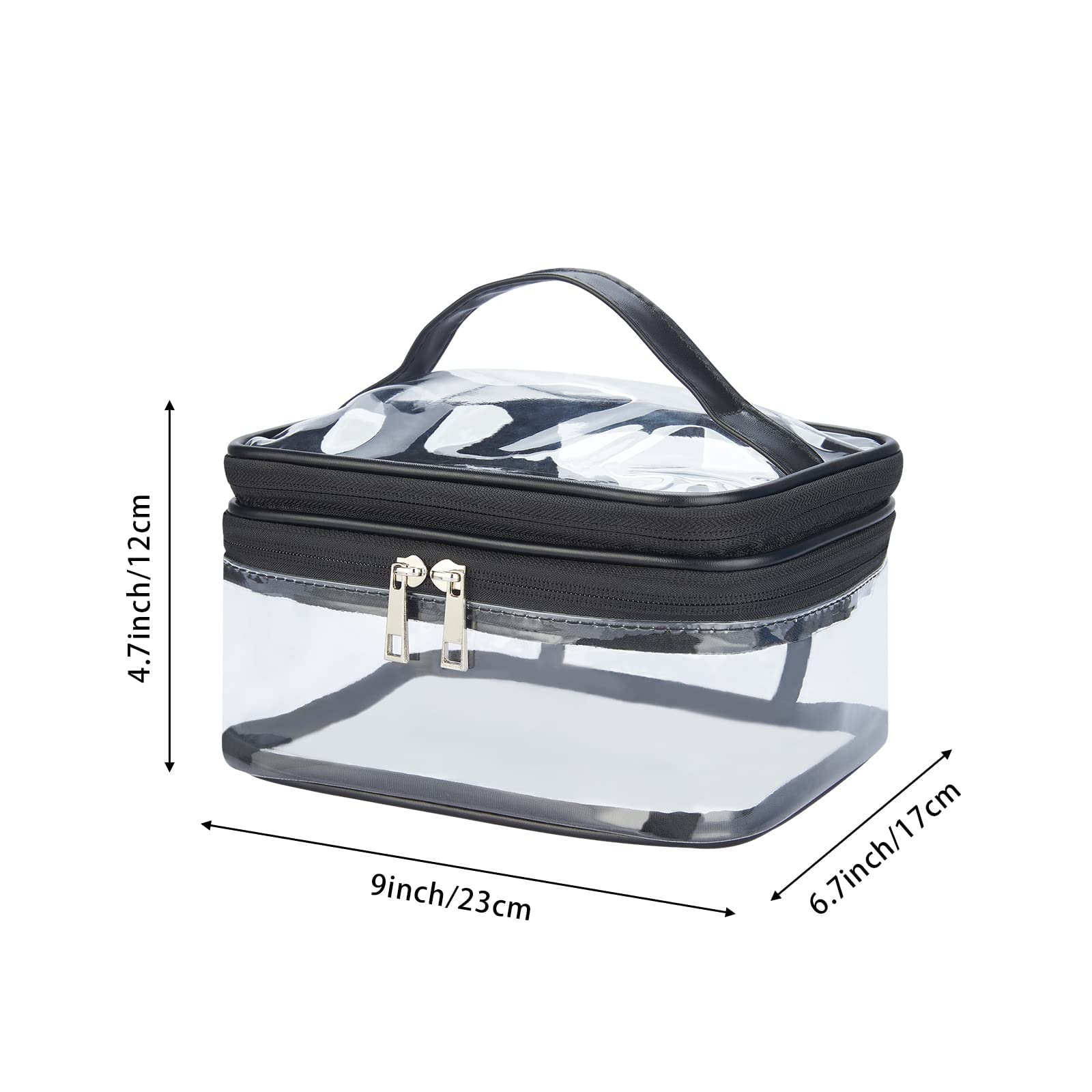 HAOGUAGUA Double Layer Clear Cosmetic Bag Makeup Bag, Waterproof Travel Toiletry Bag, Transparent PVC Hair & Nail Accessories Pouch Beach Bag Organizer (Black)