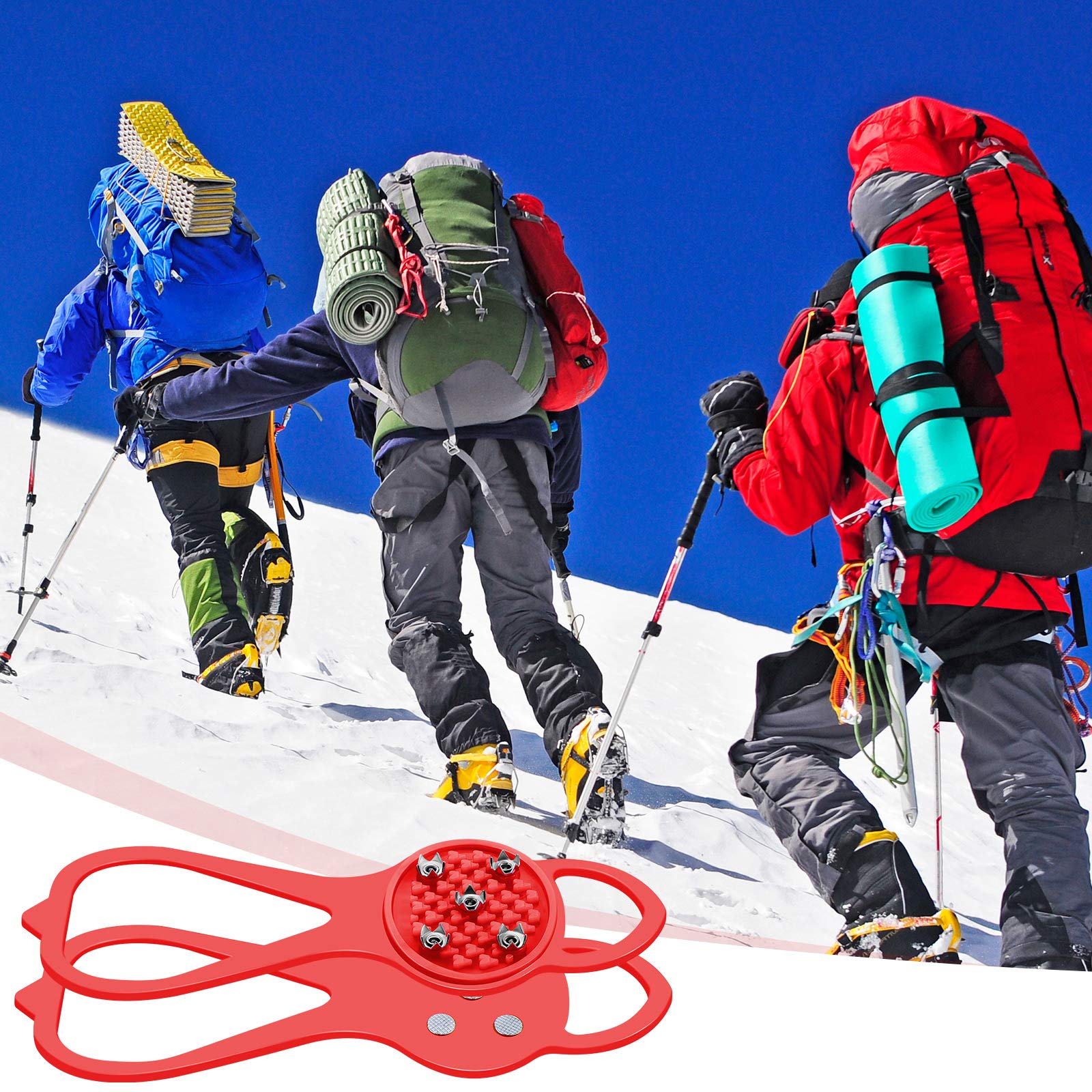 1 Pair Non Slip Gripper Spikes Claw Universal Ice Non Slip Shoe Spikes with 5 Tooth Steel Nails for Hiking Mountaineering Skiing Walking Shoes and Boots (Red)