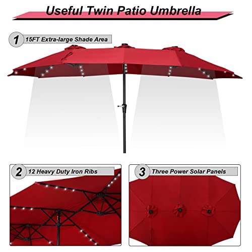 15 Ft Solar LED Patio Double-Sided Umbrella Table Umbrella with Crank Handle & 48 LED Lights