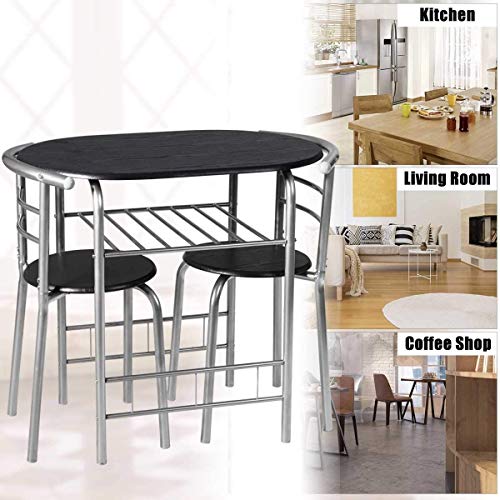 LUARANE 3 Piece Dining Set, Breakfast Table Set w/Metal Frame and Storage Shelf, Compact Table and 2 Chairs Set, for Home Bistro Pub Apartment Kitchen Dining Room Cafe (Black & Silver)