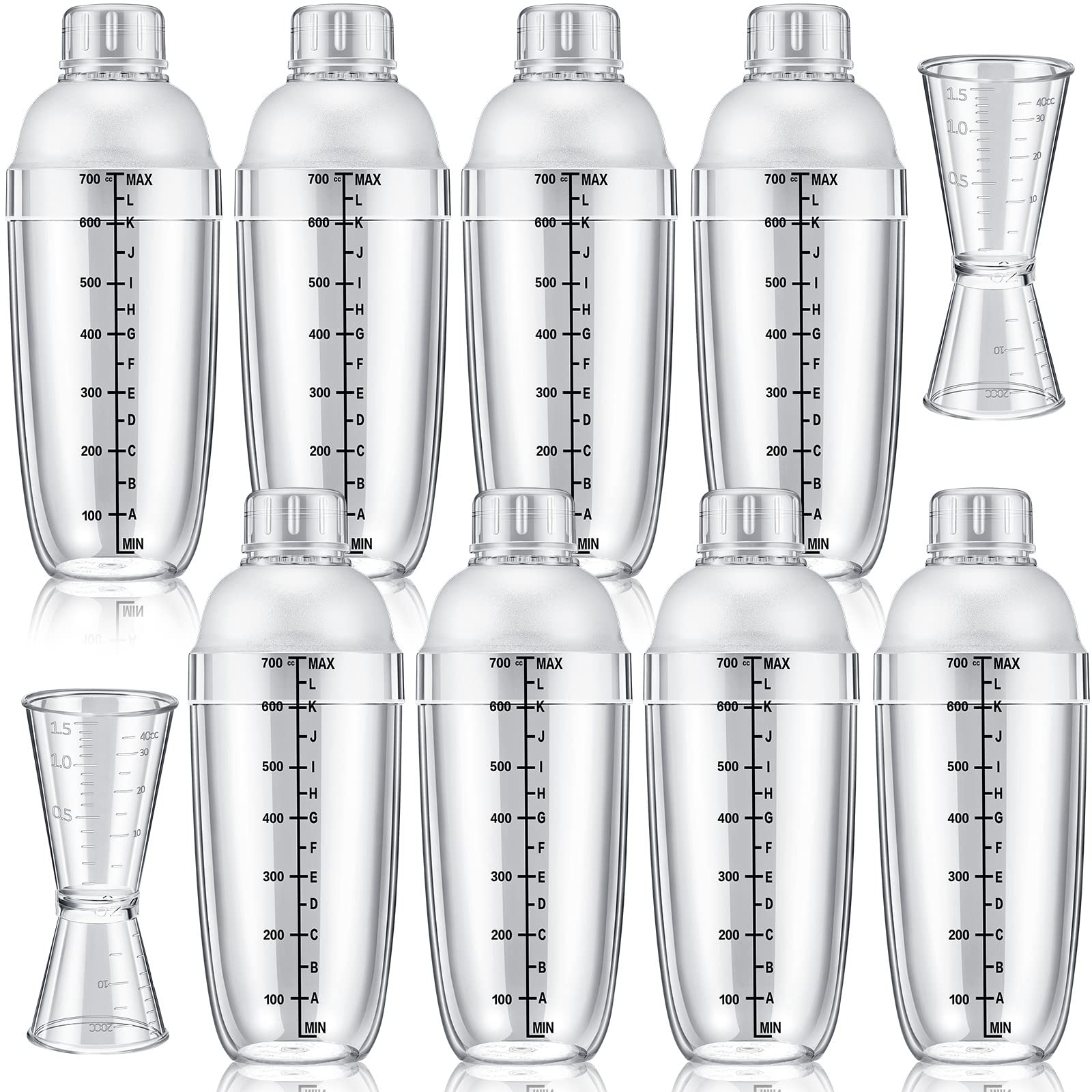 10 Pcs Plastic Cocktail Shaker Set, Including 8 Pcs 24 oz Clear Drink Shaker Drink Mixer Boba Tea Shaker 2 Pcs Cocktail Jigger Plastic Double Measuring Jigger for Bar Coffee