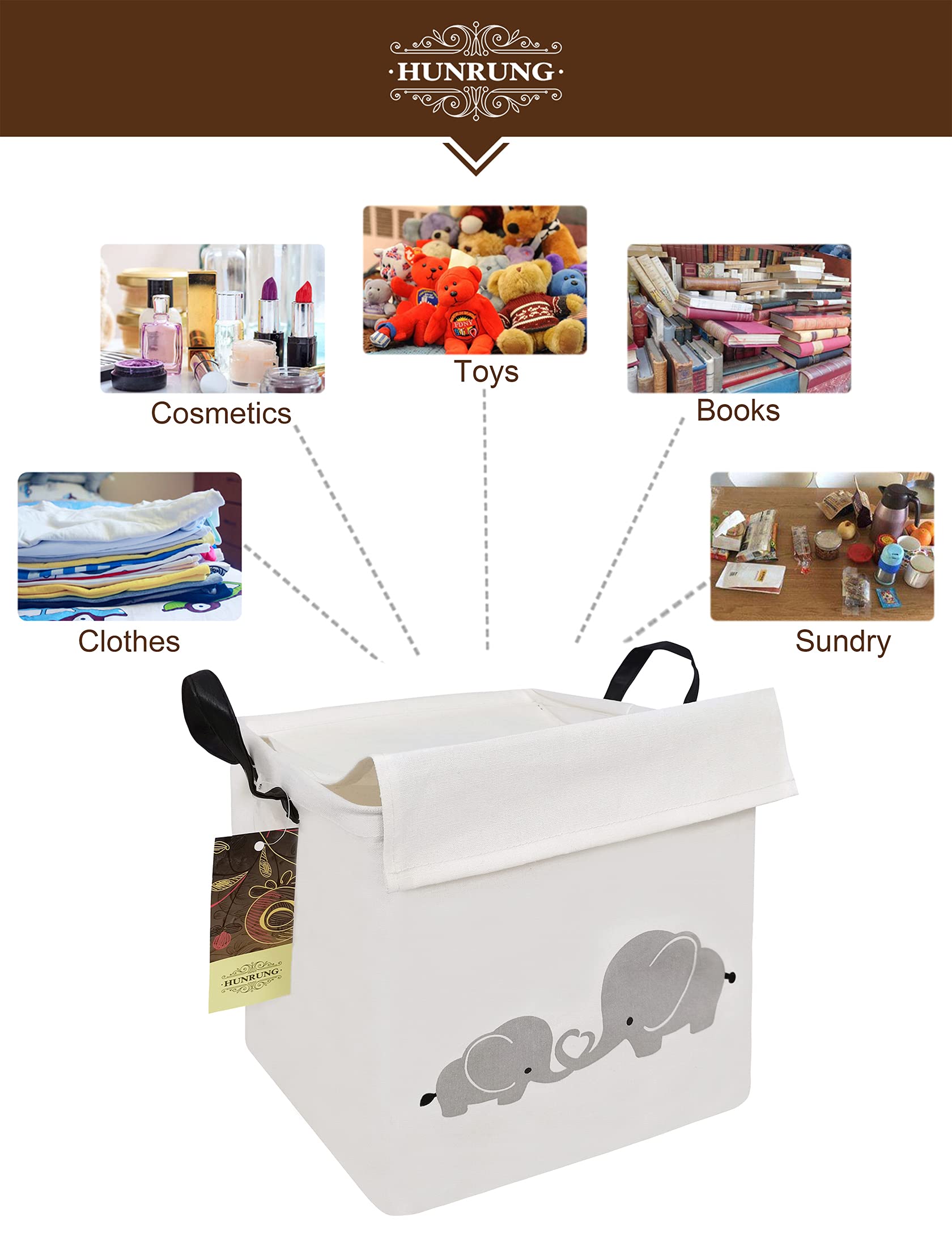 HUNRUNG Storage Boxes with Lids Rectangle/Square Storage Bins,Storage Basket Cute Canvas Organizer Bin for Pet/Children Toys, Books, Clothes Perfect for Rooms(Square-Love-Elephant-with lid)