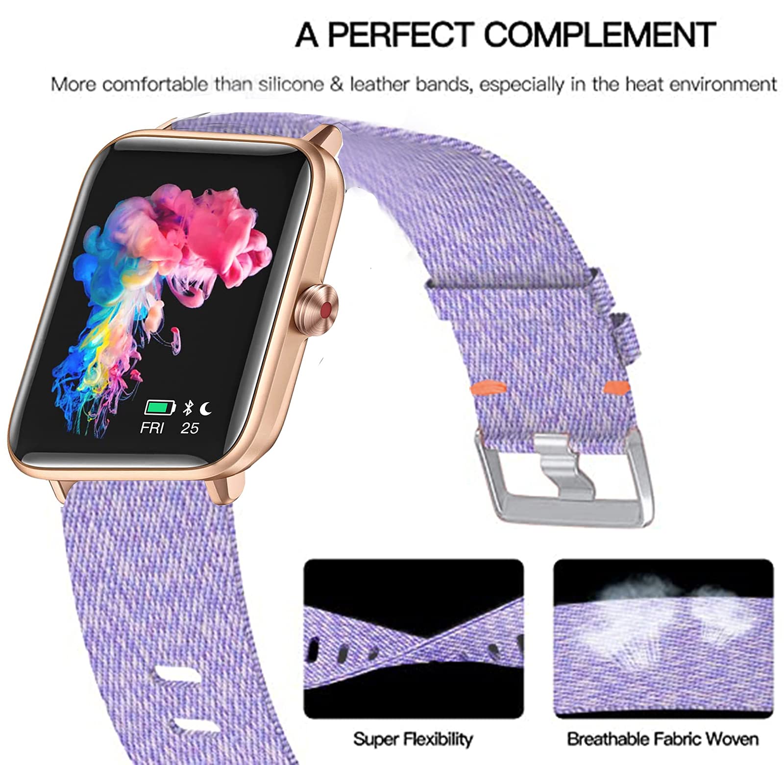 Lamshaw GT01 Smartwatch Band, Breathable Nylon Woven Fabric Replacement Accessory Strap Compatible for Dirrelo GT01 / LETSCOM GT01 1.55" / Hamile Smart Watch/Fitpolo GT01 Smartwatch (Purple)